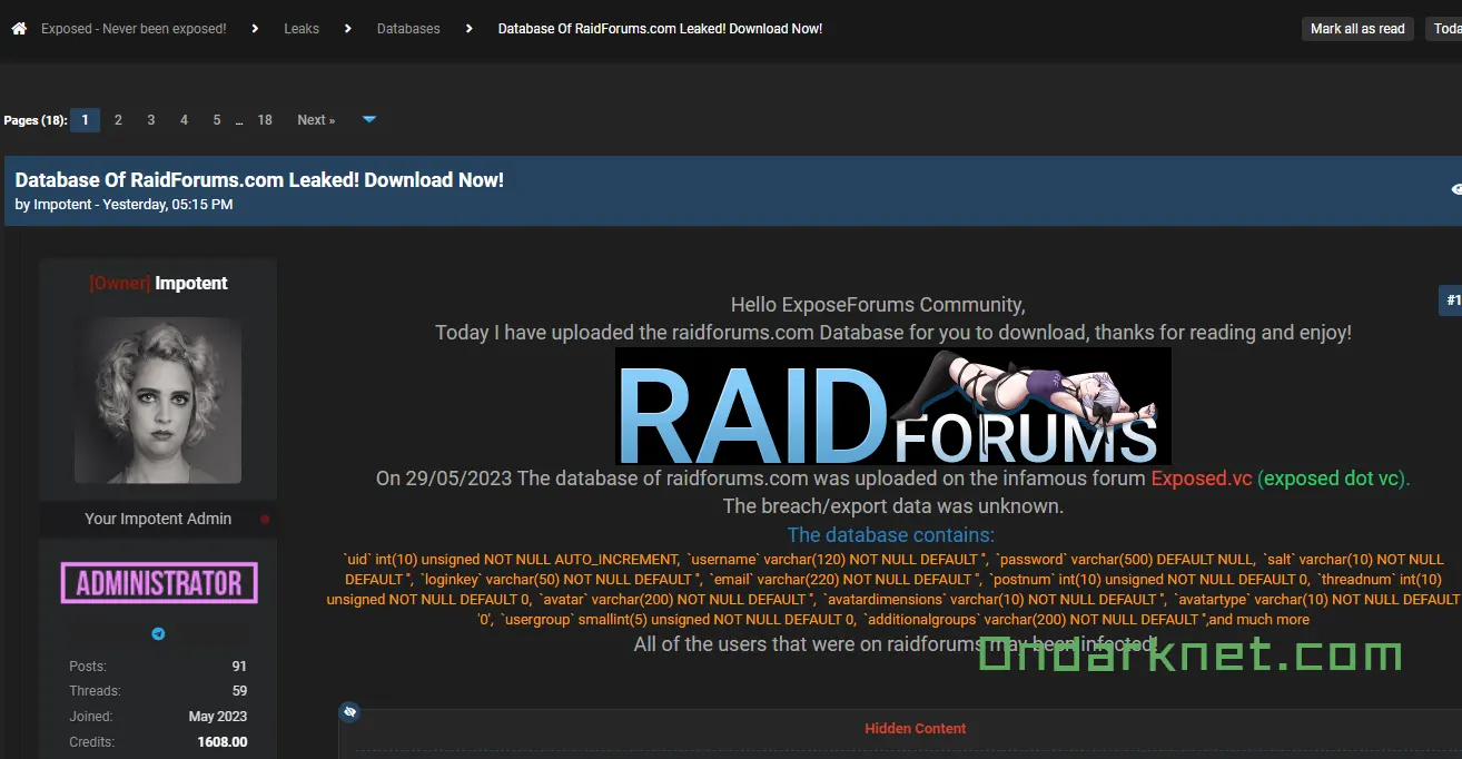 A year after being seized by the U.S. Department of Justice, RaidForums user data was leaked on ...